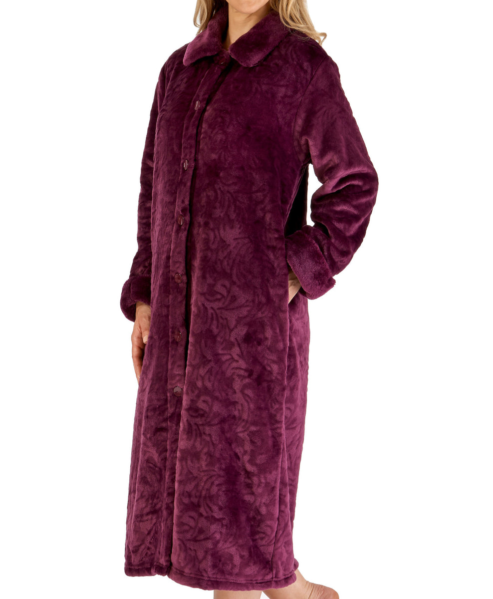 Slenderella Button Front Dressing Gown with Faux Fur Collar (4 Colours ...