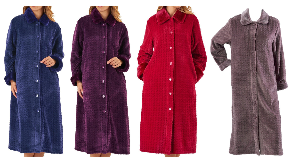 Slenderella Ladies Button Up Faux Fur Collar Dressing Gown (4 Colours ...