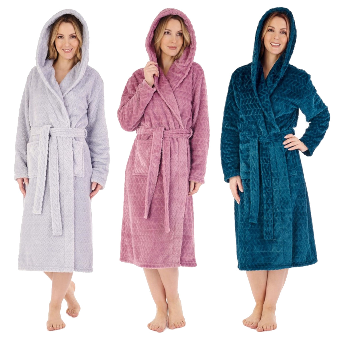 Slenderella Ladies Chevron Fleece Hooded Dressing Gown (3 Colours ...